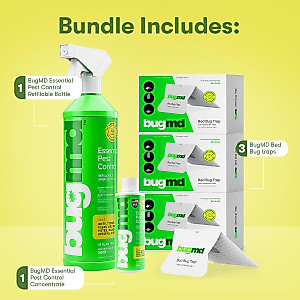 BugMD Bed Bug Trap (3 Pack), BugMD Essential Pest Control Concentrate (1 Pack) and Spray Bottle 32 oz (1 Pack) Bundle