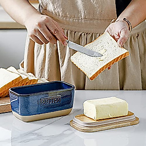 HVH Ceramic Butter Dish with Lid for Countertop, Airtight Butter Keeper with Wooden Lid, Butter Dishes with Covers, Ceramic Butter Container for East West Coast Butter, Farmhouse Style (Blue)