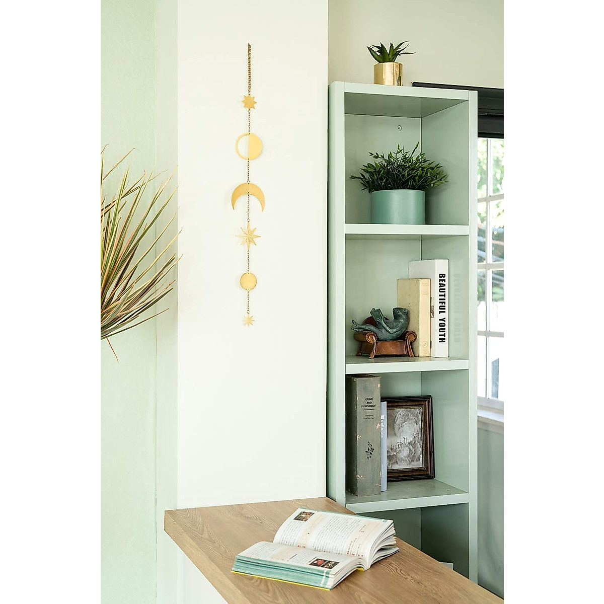 Dahey Moon Phase Wall Hanging Boho Decor Star Wall Art Garlands Metal Cycle Ornament Vertical Bohemian Home Decoration for Bedroom, Living Room, Apartment or Dorm, Gold