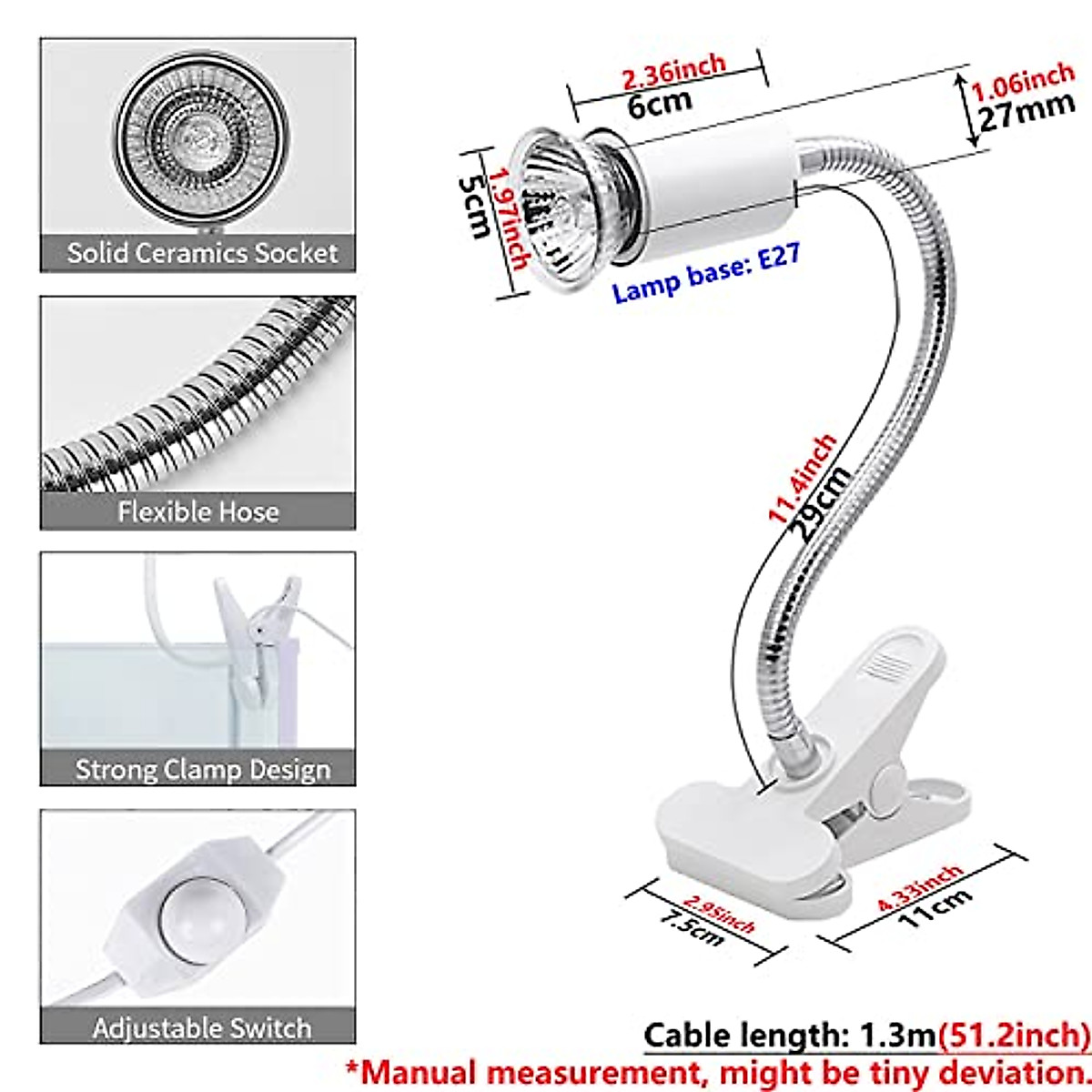 HOMUREN EU Plug 50W 220V 2in1 Set Reptile Heat Lamp with Bulb with Clip Turtle Back UVB+UVA Full Spectrum Sun Light Sunbathe for Lizard Amphibians