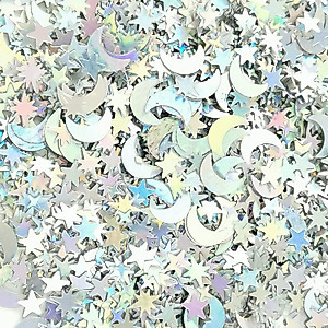 Hrovsur Table Confetti for Party - Star Moon Confetti Iridescent Metallic Glitter Foil Confetti for Birthday Anniversary Wedding Graduation Party Bachelorette Party Baptismal Party DIY (Silver)