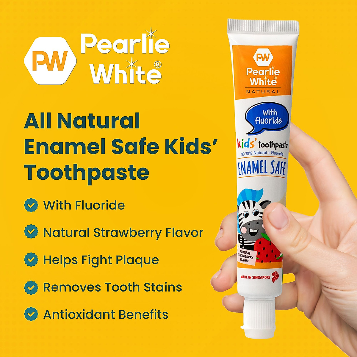 Pearlie White 99.78% Natural Fluoride Kids Toothpaste (1.58oz, 45gm) | Kids Toothpaste with Fluoride | Extra Gentle Enamel Safe Toothpaste for Kids | Low RDA | Natural Strawberry Flavor