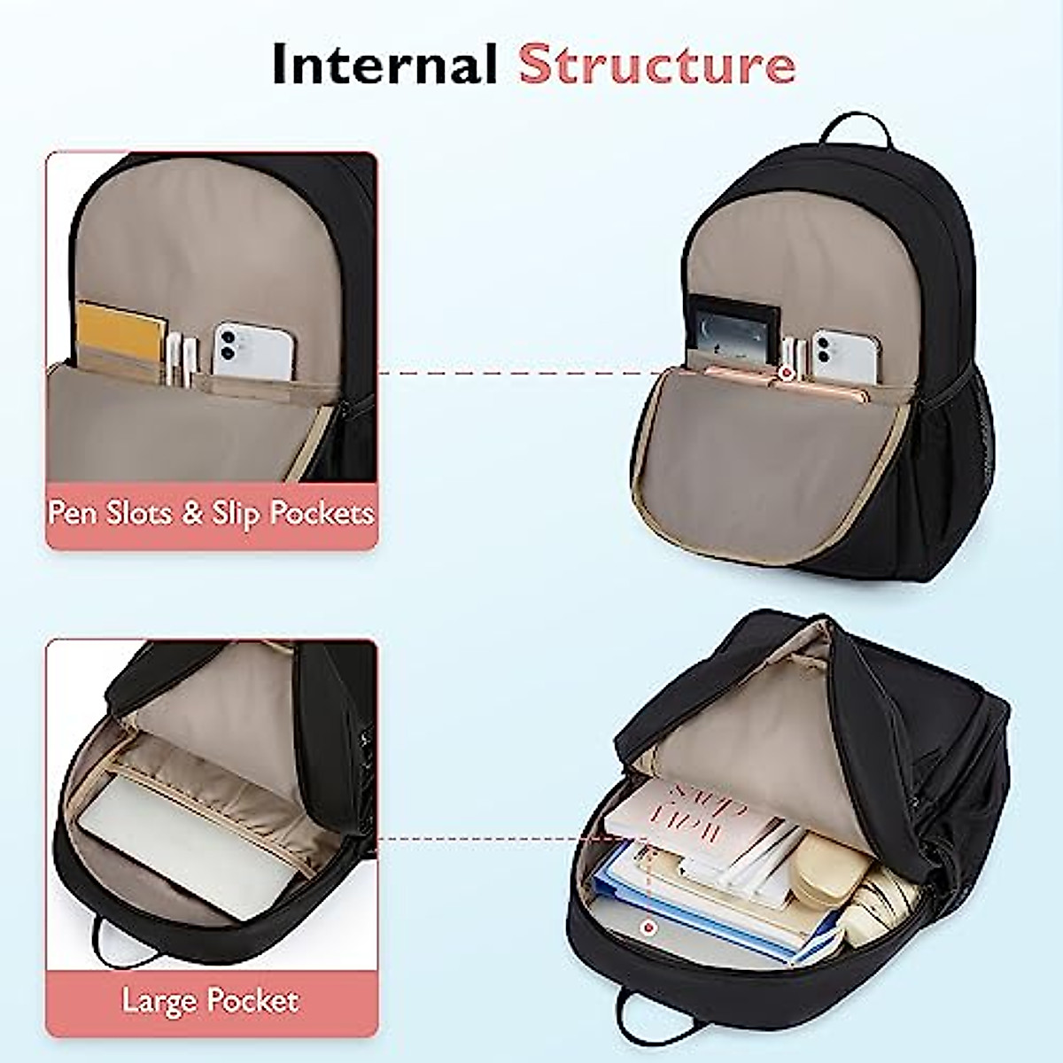 mommore School Backpack 3 Large Compartments Work Bookbag Water Resistant Lightweight Backpacks Casual Travel Backpack