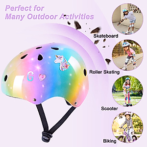 Kids Helmet, Toddler Bike Helmet with DIY Stickers Unicorn Knee Pads and Elbow Pads Set Adjustable Protective Gear Set for Girls Age 3-5-8 Years