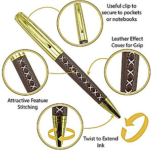 Leather Wrapped Ballpoint Pen for Men and Women - Stylish Faux Leather and Gold Smooth Flowing Non Smudge Ink and Light To Hold - Lovely Presentation Box