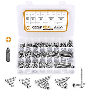 VIGRUE 460pcs Pan Head Philips Wood Screws, #4,#6,#8,#10,#12, 304 Stainless Steel Self Tapping Screw Assortment kit