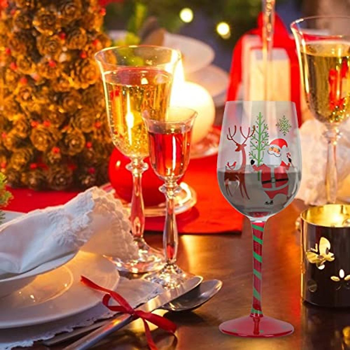 DOITOOL Christmas Goblet Glass Cup Santa Claus and Elk Glass Cups Hand Painted Holiday Wine Glasses Painted Winter Glassware for Home Bar and Nightclub, Xmas Holiday Wineglass Gift