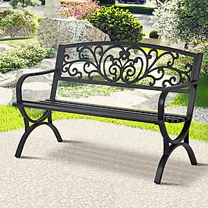 YRLLENSDAN 50" Outdoor Bench w/Floral Design Backrest Garden Bench, Cast Iron Patio Bench Arch Legs Metal Benches for Porch Lawn Front Porch, Black