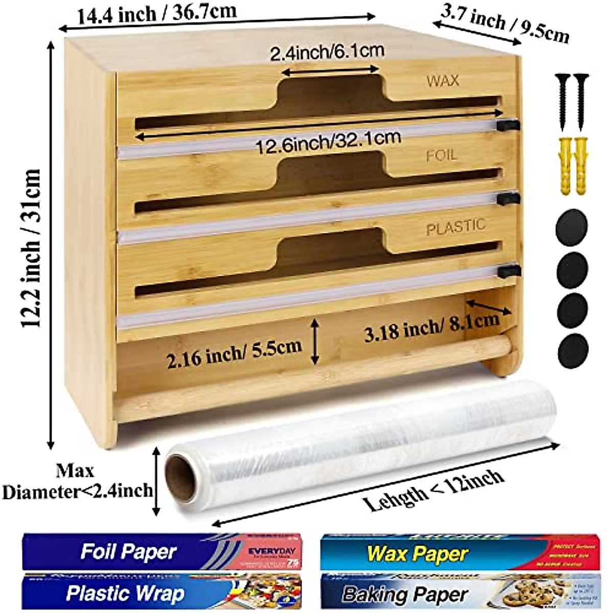 Foil and Plastic Wrap Organizer, Paper Towel Holder Wall Mount, 5 in 1 Plastic Wrap Food Dispenser with Cutter for 12" Wax Paper Parchment Roll Aluminum Foil Dispenser for Kitchen Organization Storage