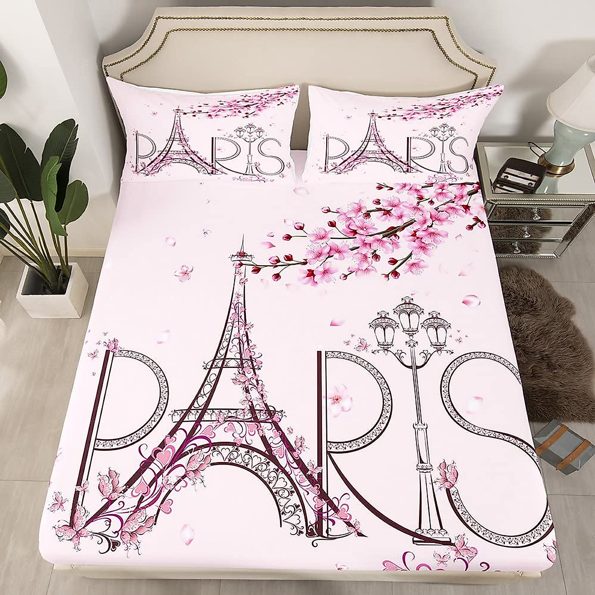 Eiffel Tower Sheet Set Twin,Peach Blossom Pink Bedding Set for Kids Teens Girls Boys,Paris Cityscape Romantic Theme Bed Sheet Set 3pcs with Deep Pocket Fitted Sheet + Flat Sheet + 1 Pillowcase
