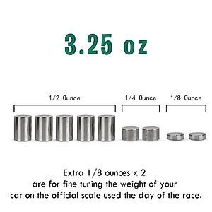 Tungsten Weights Kits 3.25oz. 3 Sizes of Incremental Cylinders for Pinewood Car.