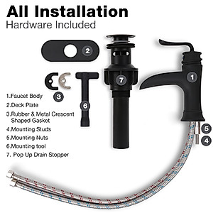 M OUDEMEI Solid Brass Waterfall Spout Bathroom Sink Faucet, Single Handle Lavatory Faucet with Deck Plate for 1 OR 3 Hole, 4 Inch Centerset Vanity Faucet (with Drain, Matte Black)