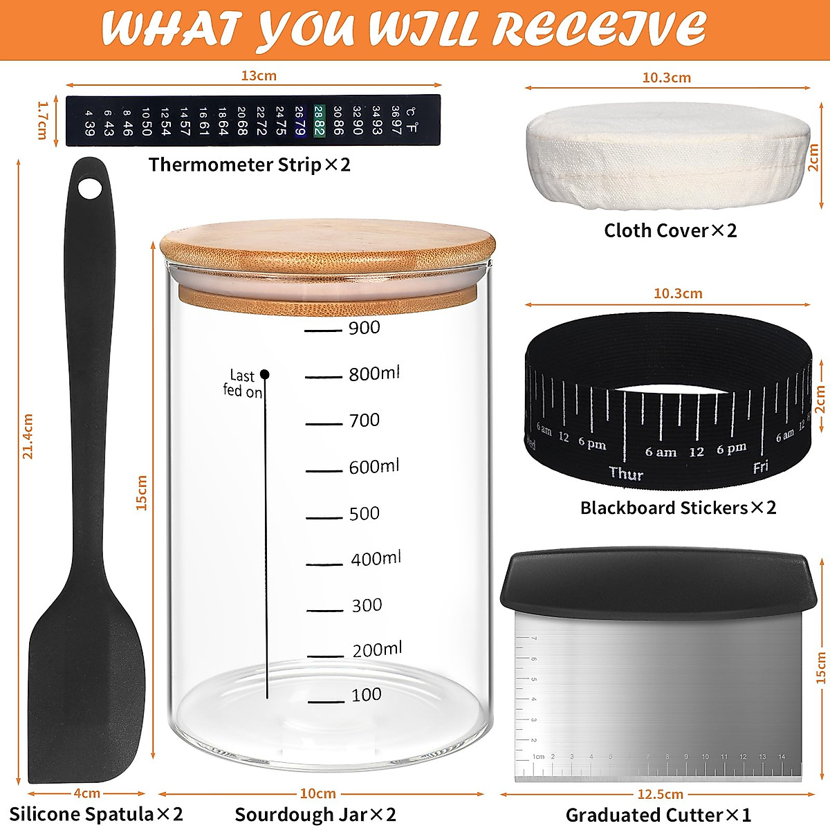 Kmise 2 Pack Pro Sourdough Starter Jar, 34 Oz Large Capacity DIY Glass Sourdough Starter Jar Kit With Thermometer, Date Marked Feeding Band, Cloth Cover, Spatula and Cutter - Reusable baking supplies