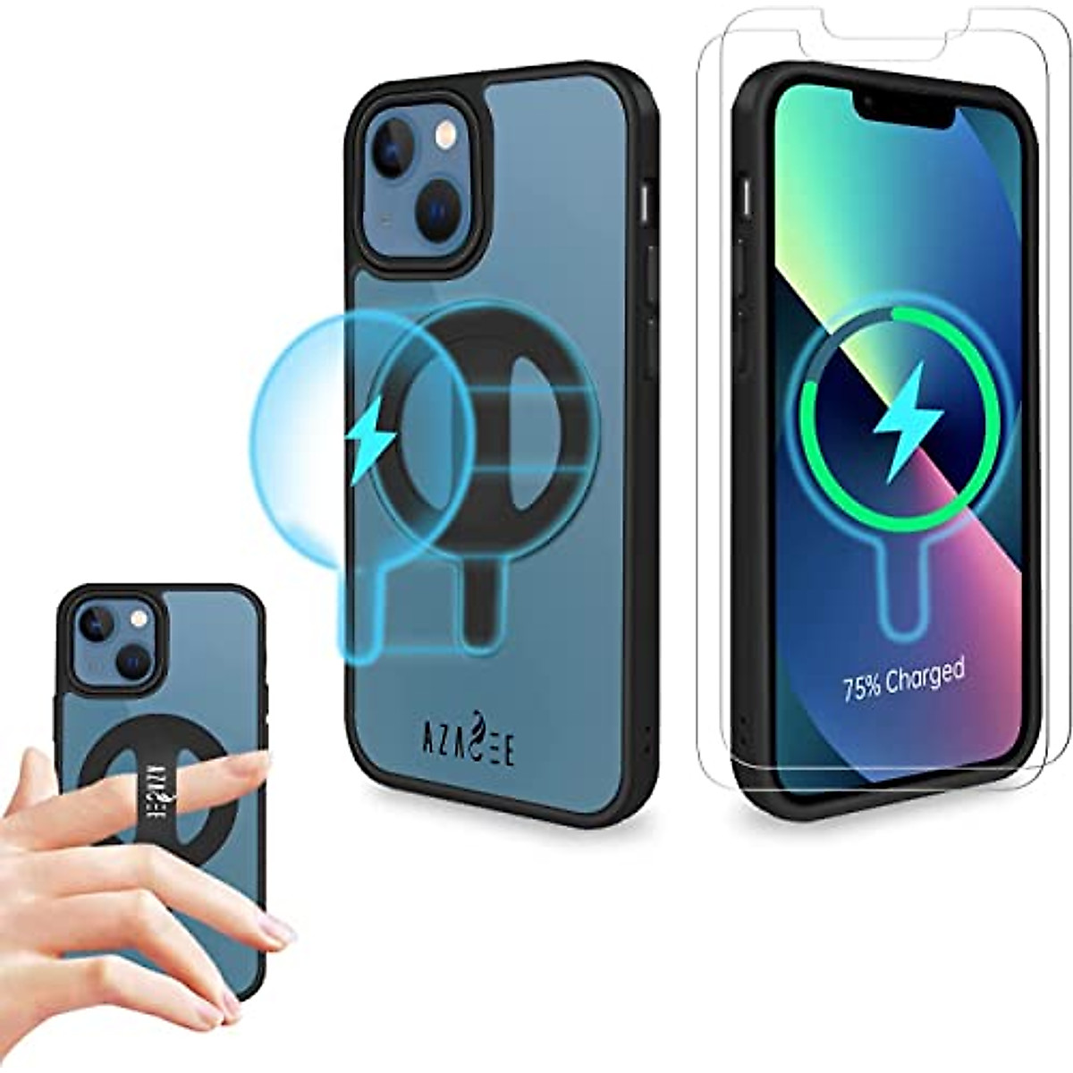 AZALEE iPhone 13 with Silicone Phone Grip, 6.1" iPhone 13 Shockproof Protective Case with 2 Screen Protector Anti-Fall Protective Slim Phone Cover Compatible with MagSafe,Black