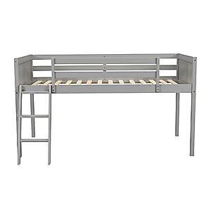 Twin Size Low Loft Bed for Kids,Solid Wood Low Loft Bed with Safety Ladder,Kids Loft Bed Frame Twin Size with Guardrail,Space Saving Loft Bed for Girls Boys (Gray)