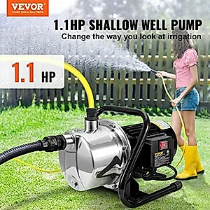 VEVOR Shallow Well Pump, 1.1 HP 115V, 978 GPH 131 ft Height, 69.6psi Max Pressure, Portable Stainless Steel Sprinkler Booster Jet Pumps for Garden Lawn Irrigation system, Lake Fountain, Water Transfer