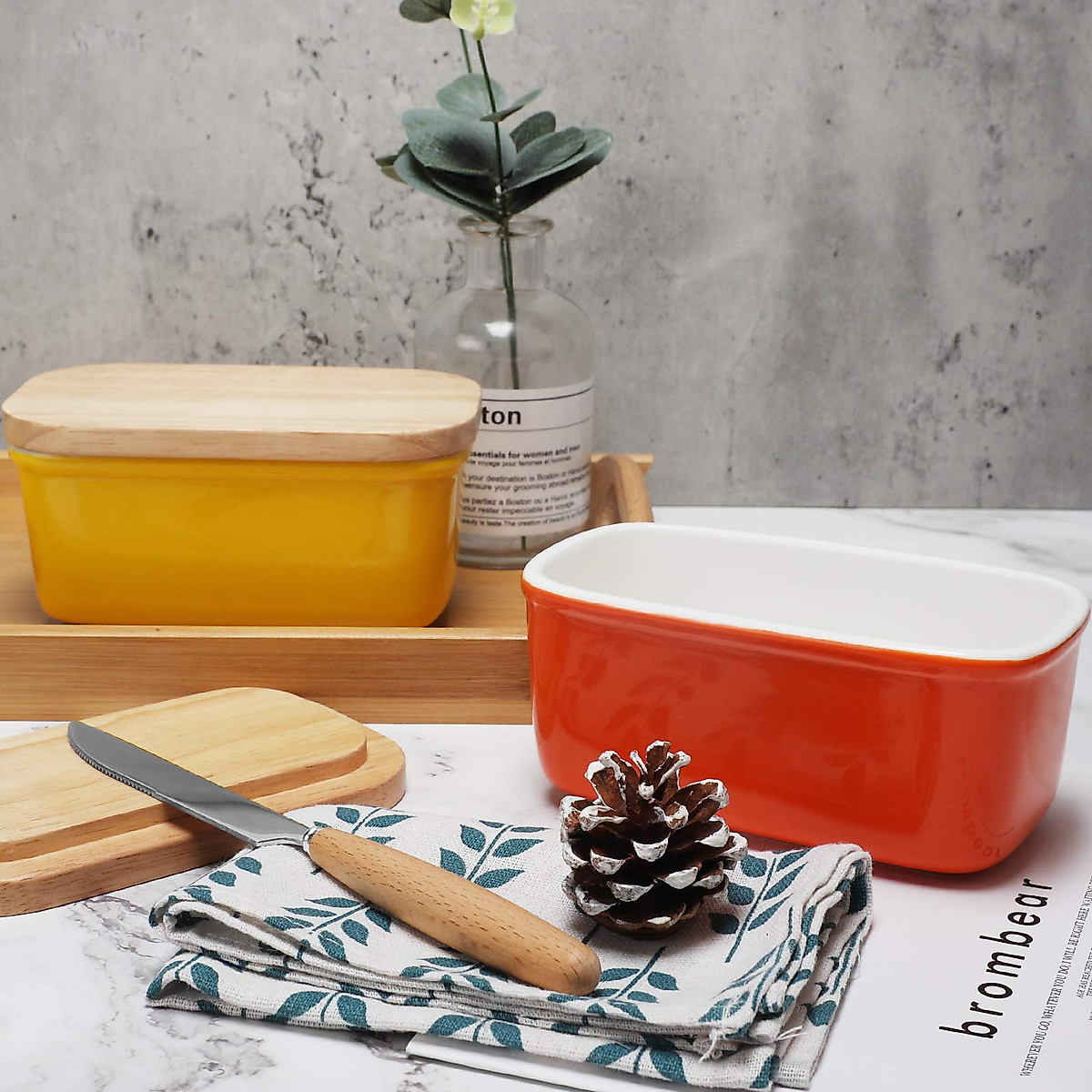 amHomel Butter Dish with Lid for Countertop, Ceramic Butter Container with Cover, Farmhouse Butter Holder, Large Butter Keeper Holds up to 2 Sticks, Set of 2(Orange, Yellow)