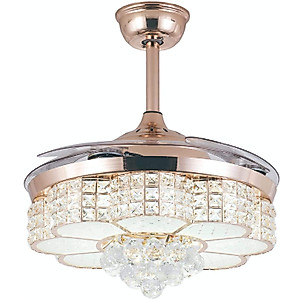 OUKANING 42inch Crystal Chandelier Ceiling Light LED 4 Acrylic Automatic Retractable Crystal Fan Blade Ceiling Lamp for Living Room Dining Room Hall Rose Gold