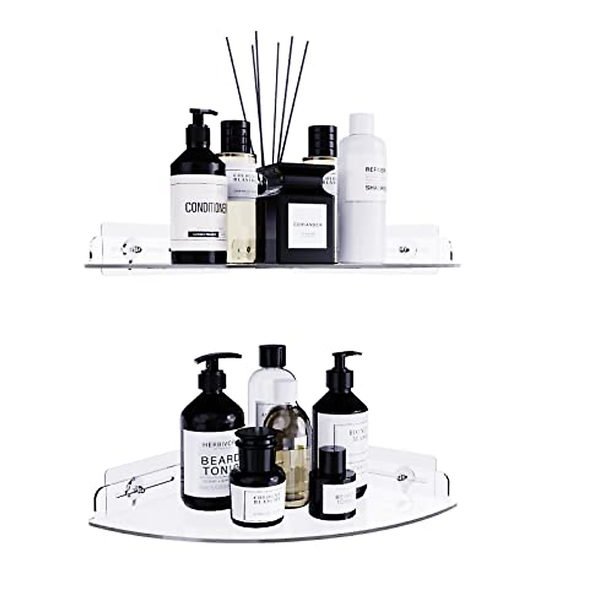Bakzon Acrylic Corner Shower Shelves, 2 Pack Adhesive Shower Caddy Organizer for Tile Walls, Wall Mounted Clear Bathroom Shower Shelves for Inside Shower & Kitchen Storage