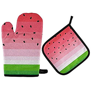 Watermelon Oven Mitts Pot Holders Set Summer Heat Resistant Gloves and PotHolders Pad 2Pcs Kitchen Decor Recycled Microwave Gloves for Baking Cooking