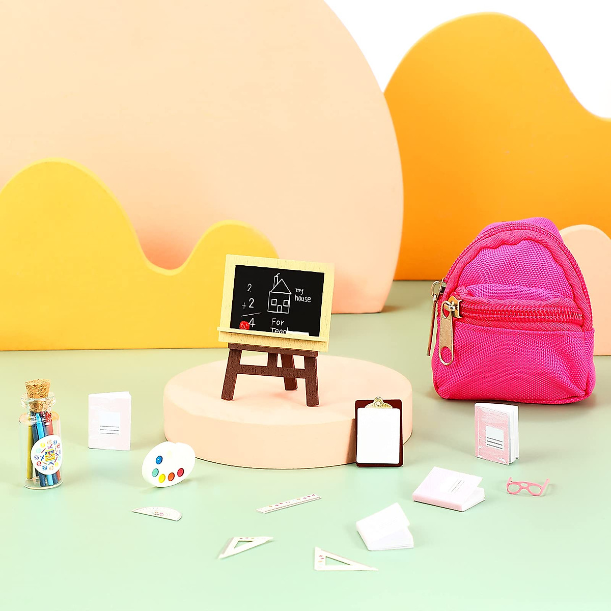 14 Pieces Mini Doll School Supplies for 11.5 inch Doll, Includes Mini Doll Backpack Glasses Blackboard Miniature Books Paper Clipboard Pencil Doll Rulers Doll Accessories(Cute Style)