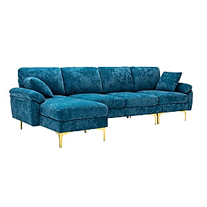Goohome Sectional Sofá, Modern Velvet Upholstered 4-6 Seater w/Ottoman, Convertible Left and Right Side Chaise Lounge Couch, for Large Space,Living Room, Apartment, Home, L/U-Shaped Sofa, Teal Blue