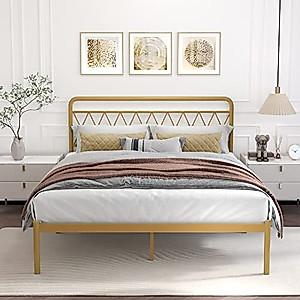 Orweiin Gold Full Size Bed Frame with Headboard, Metal Platform, Full with Under Bed Storage, Heavy Duty, No Box Spring Needed, Easy Assembly, Gold