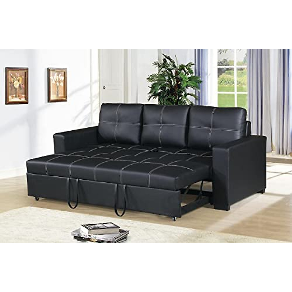 INFINI FURNISHINGS 3 Seats Convertible Sectional Pull Out Sleeper Living Room Sofa Bed Futon Couch Modern Tufted Line Design Sofabed, Black Faux Leather