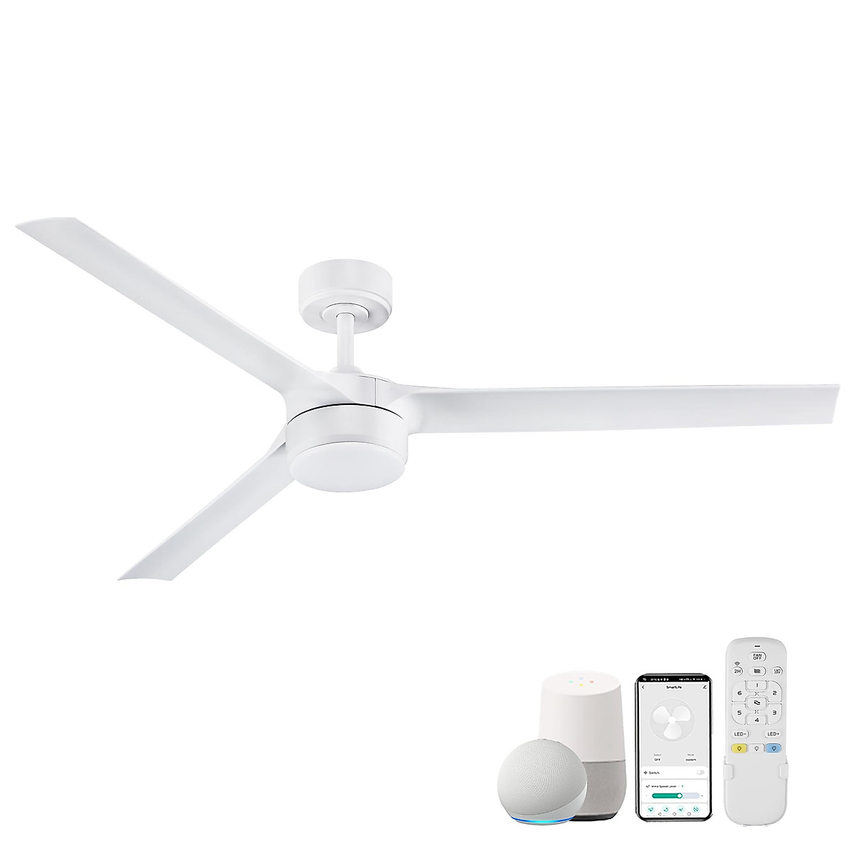 cumilo 60” Large Smart Ceiling Fans with LED Lights and Remote,Quiet DC Motor,Dimmable,Outdoor Indoor Matte White Ceiling Fan Controlled by WIFI Alexa App,Modern 3 Blade for Bedroom Living Room Patio