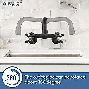 Airuida Matte Black Wall Mount Kitchen Faucet, 6 Inch(15cm) Spout Wall Mount Laundry Sink Faucet, Adjustable Center Double Handles Hot and Cold Water Mixer Tap 360 Rotatable Restaurant Faucet