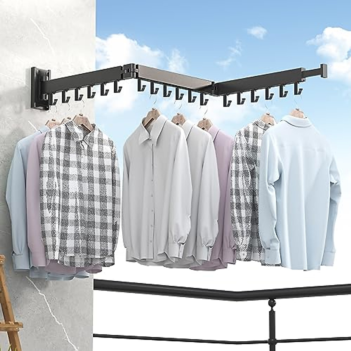 Wall Mounted Clothes Drying Rack ,Space Saver Laundry Clothes Rack,Retractable Dryer ,Collapsible(3-Pole), Black, Sandy Coating,3z-b01