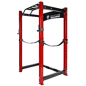 Signature Fitness SF-3 1,500 Pound Capacity 3” x 3” Power Cage Squat Rack, Includes J-Hooks and Safety Straps, Other Optional Accessories, Red