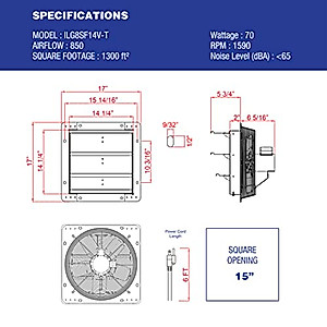 iLIVING 14" Wall Mounted Shutter Exhaust Thermostat Control-3 Speeds Vent Fan For Home Attic, Shed, or Garage Ventilation, 850 CFM, 1300 SQF Coverage Area, Variable, Silver