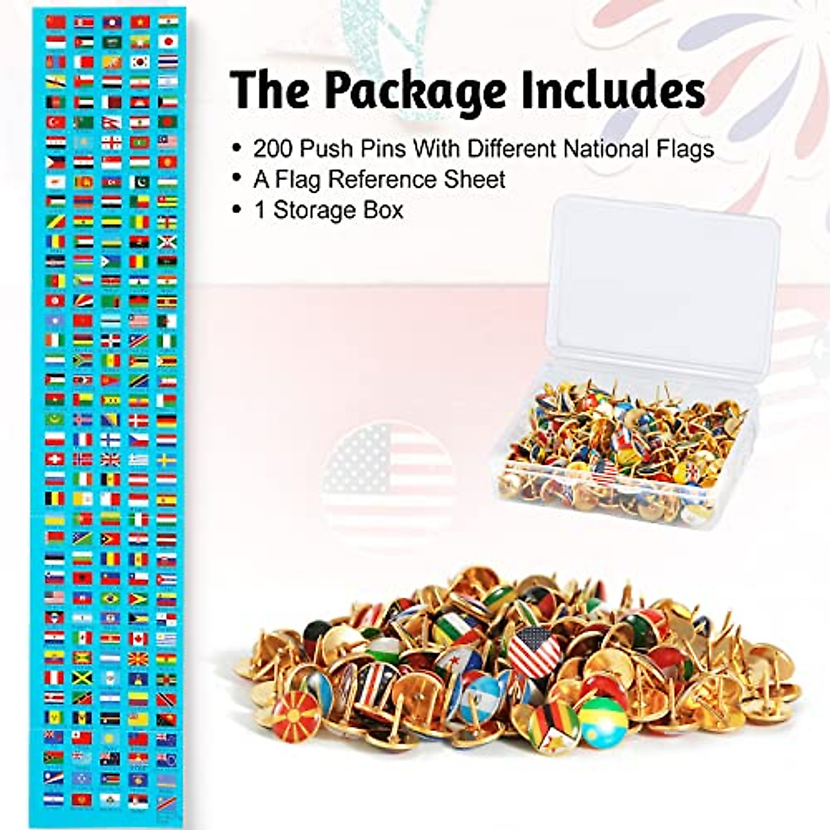 200 Pcs National Flag Thumb Tacks Country Flag Push Pins with National Flag Guide, Map Tacks Places I've Been Flag Map Push Pins for World Map Pins Flag Map Pins for Cork Board, Travel World Map