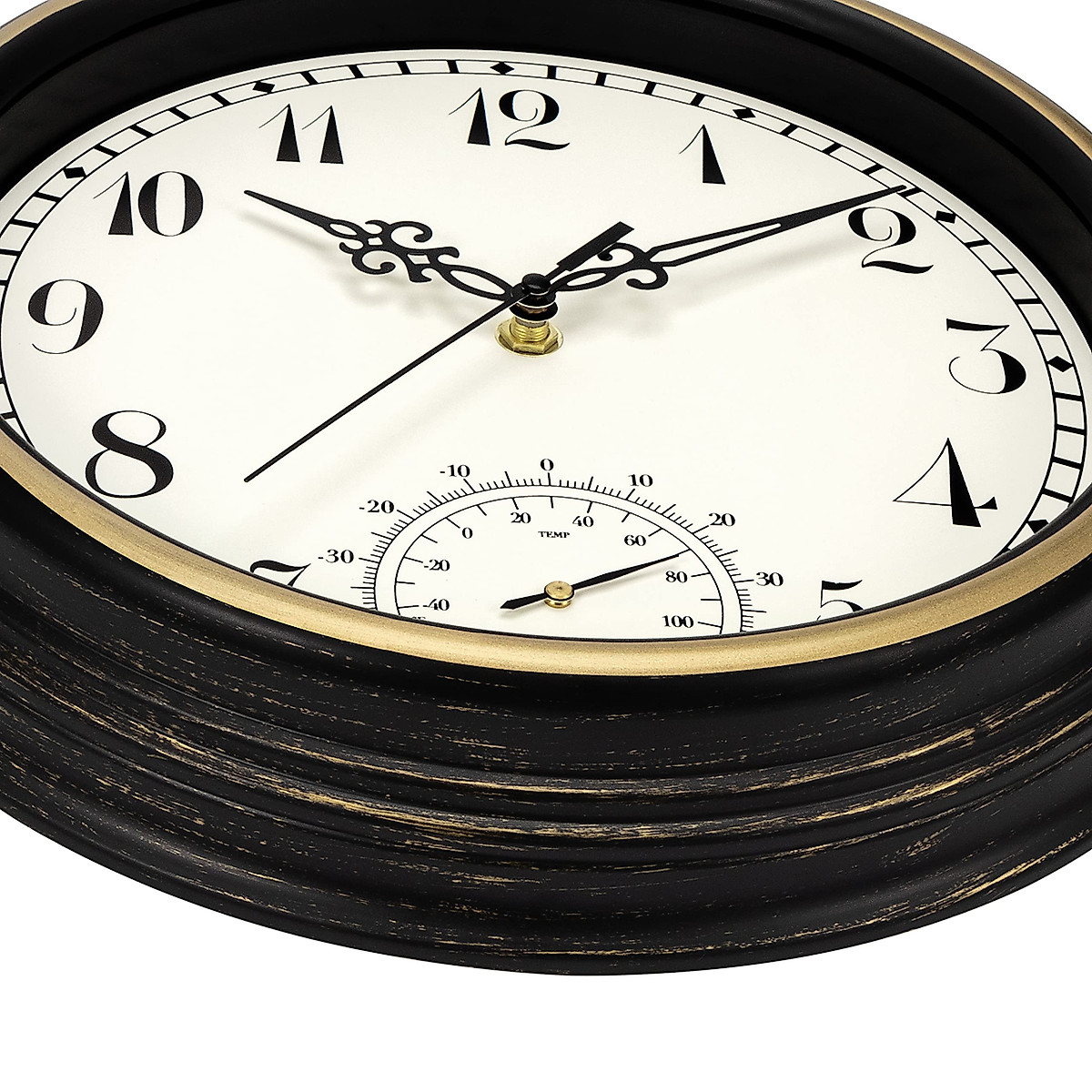 Lumuasky Indoor Outdoor Waterproof Wall Clock with Thermometer, Retro Silent Non-Ticking Battery Operated Round Clock for Garden Patio Yard Home (12 inch, Black Gold)