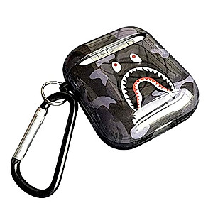 Shark Teeth Softshell Silicone Camouflage Airpods Case, IMD Case Shockproof Case Skin with Key Ring, Suitable for Apple Airpods 1 & 2 Charging Box (Black)