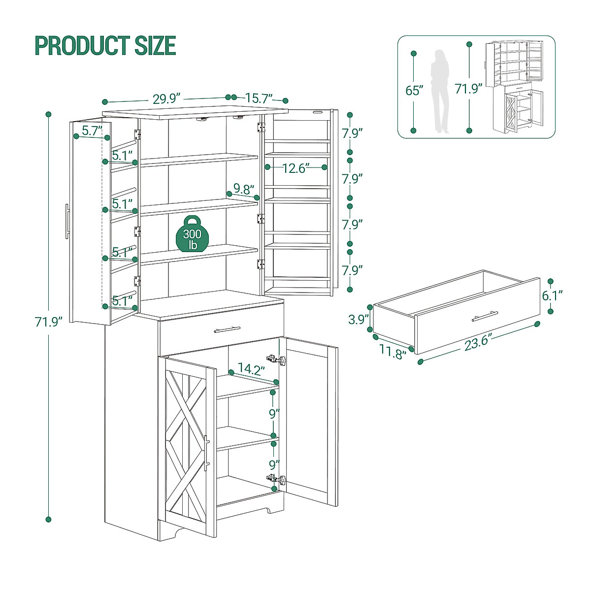 Hzuaneri 72" Kitchen Pantry Storage Cabinet, Tall Pantry Cabinet with Barn Doors & 7 Adjustable Shelves, Drawer, Freestanding Buffet Cupboards Sideboard for Kitchen, Dining Room, White PT02403X
