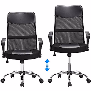 Yaheetech Home Office Desk Chair Ergonomic Rolling Chair Mesh Back Leather Seat Swivel Task Chair Executive Gaming Chair with Lumbar Support, Armrest, Black