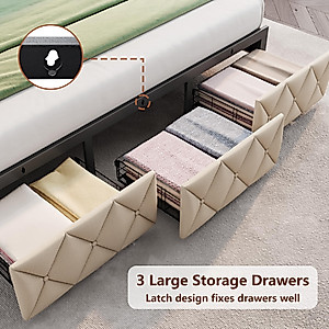 MEIJUJIA King Size Bed Frame with 3 Storage Drawers, Upholstered King Bed Frame with LED Lights Headboard and Charging Station, No Box Spring Needed, Easy Assembly -Beige