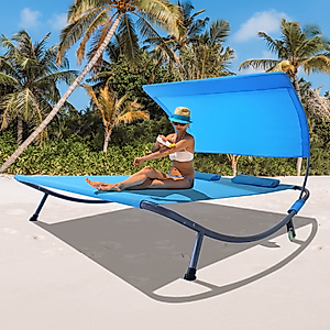 Outdoor Double Chaise Lounge Bed with Canopy & Headrest Pillow, Patio Portable Leisure DayBed Lounge with Portable Wheels for Deck, Indoor, Yard, Poolside, Sun Room (Blue)