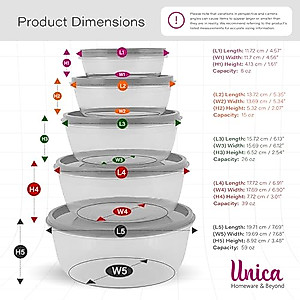 Unica Round Food Container, BPA-free Microwave Bowls with Lids, Airtight Container, Stackable Bowl Set, Freezer-safe, Dishwasher Safe, Set of 5, 8, 15, 26, 39, 59 oz, 7.68x7.68x3.48 in