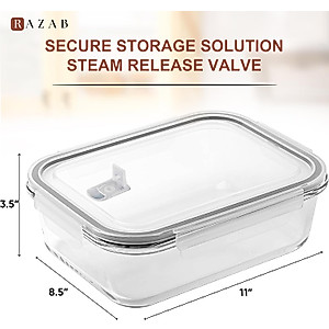 Razab 2700 ml / 92 Oz Large Glass Food Storage Containers with Vented Lids, BPA Free, Snap Locking Airtight & Leakproof Lids - Ideal for Baking, Casserole & Roasting - Freezer, Microwave & Oven Safe