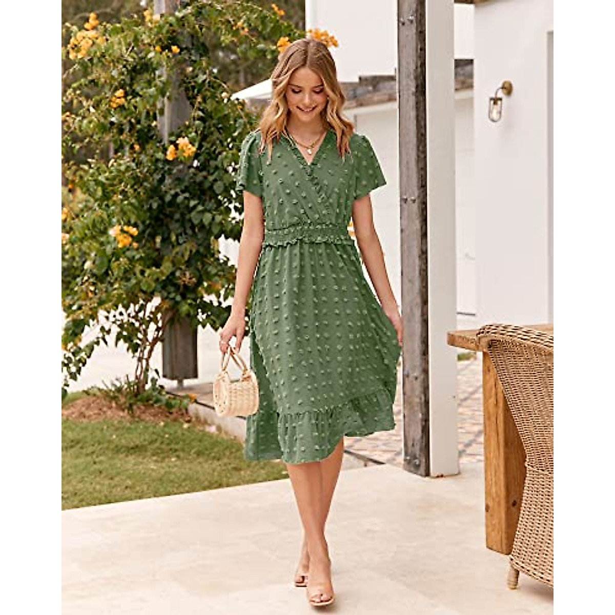 BTFBM Elegant Short Sleeve V Neck Swiss Dot Midi Summer Dresses for Women 2023 Boho Ruffle Long Dresses Ruffle Cocktail Dress（Solid Green,X-Large
