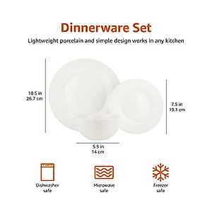 Amazon Basics 18-Piece Kitchen Dinnerware Set, Plates, Dishes, Bowls, Service for 6 - White