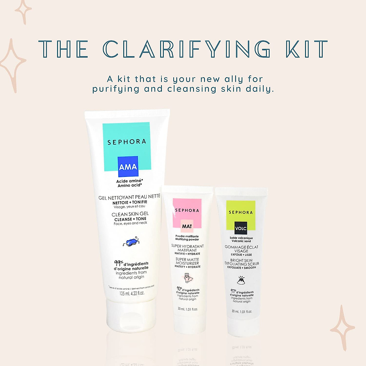 Sephora The Clarifying Kit - Clean Skin Gel Cleanser Toner, Super Matte Hydrating Moisturizer, Bright Skin Exfoliating Smoothing Scrub