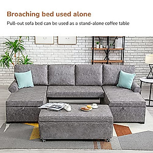 Merax Sectional Sofa Living Room Modern U Shaped Couch with Sleeper Bed, Double Storage Spaces and 2 USB Charging Ports Chaises Longues, Brushed Gray
