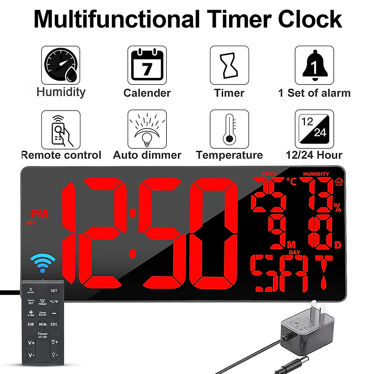 [Oversized] 18" Large Digital Wall Clock with Remote Control, Auto-Dimming Digital Clock Large Display with Date/Temp/Week, DST, Alarm, 5.9”Jumbo Numbers Large Digital Clock for All Large Spaces Use
