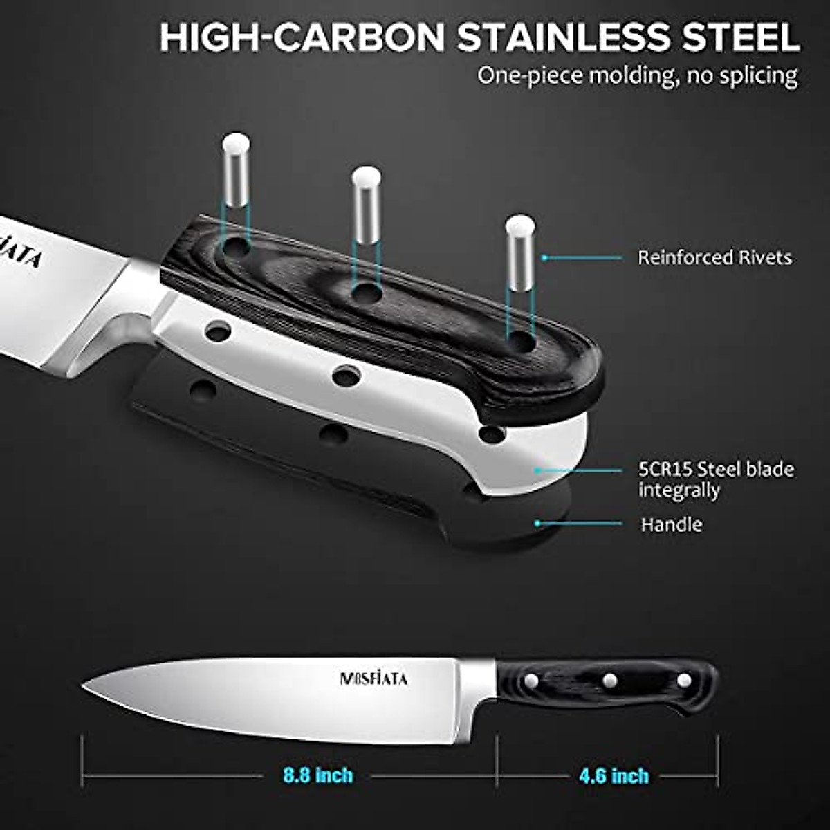 MOSFiATA Kitchen Chef Knife, 8” Full-Tang Cooking Knife High Carbon Stainless Steel Super Sharp Vegetable Meat Knife with Ergonomic Handle, Perfect for Kitchen & Restaurant