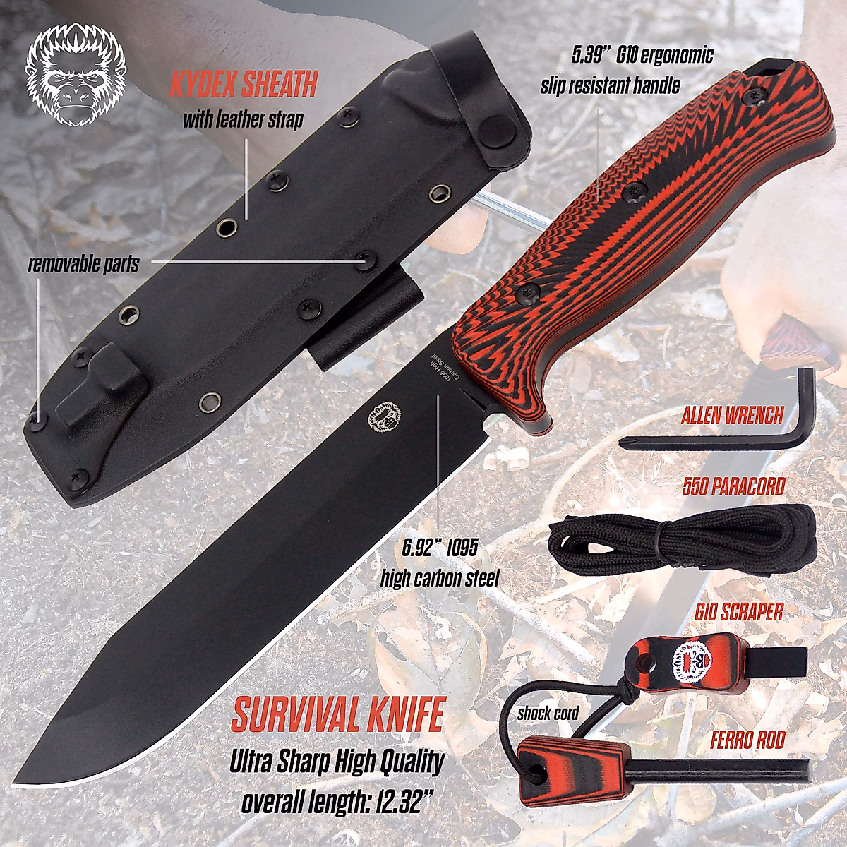 Holtzman's Gorilla Survival 'Mandrill' Fixed Blade Hunting Knife with Sheath, Fire Starter, G10 Scraper & Paracord (Red+Black)