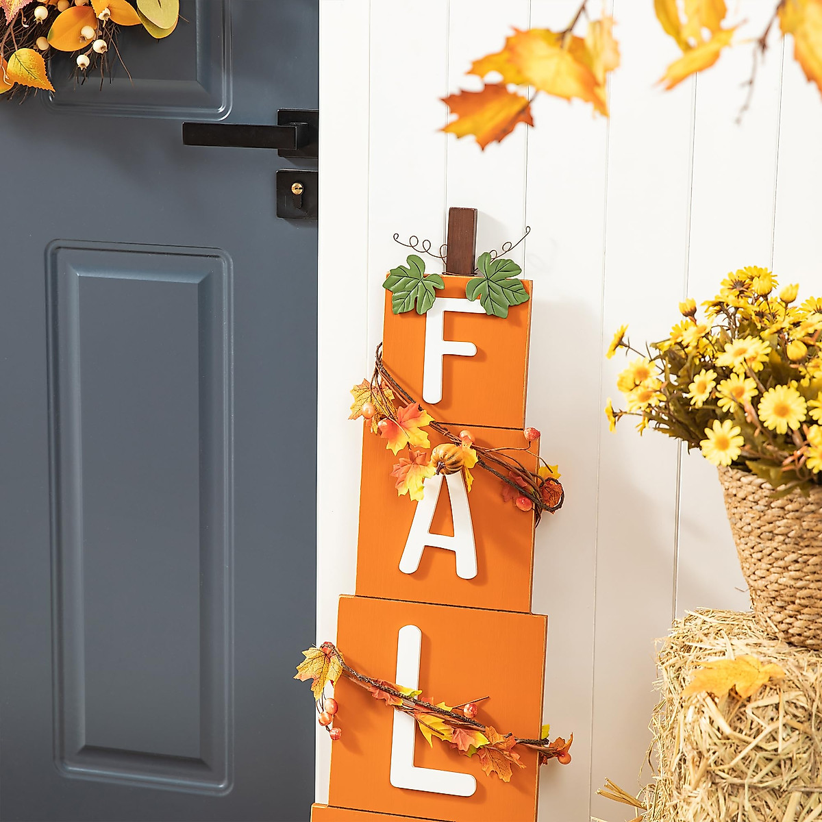 Glitzhome Fall Welcome Wooden Pumpkin Porch Sign Hanging Wall Decor